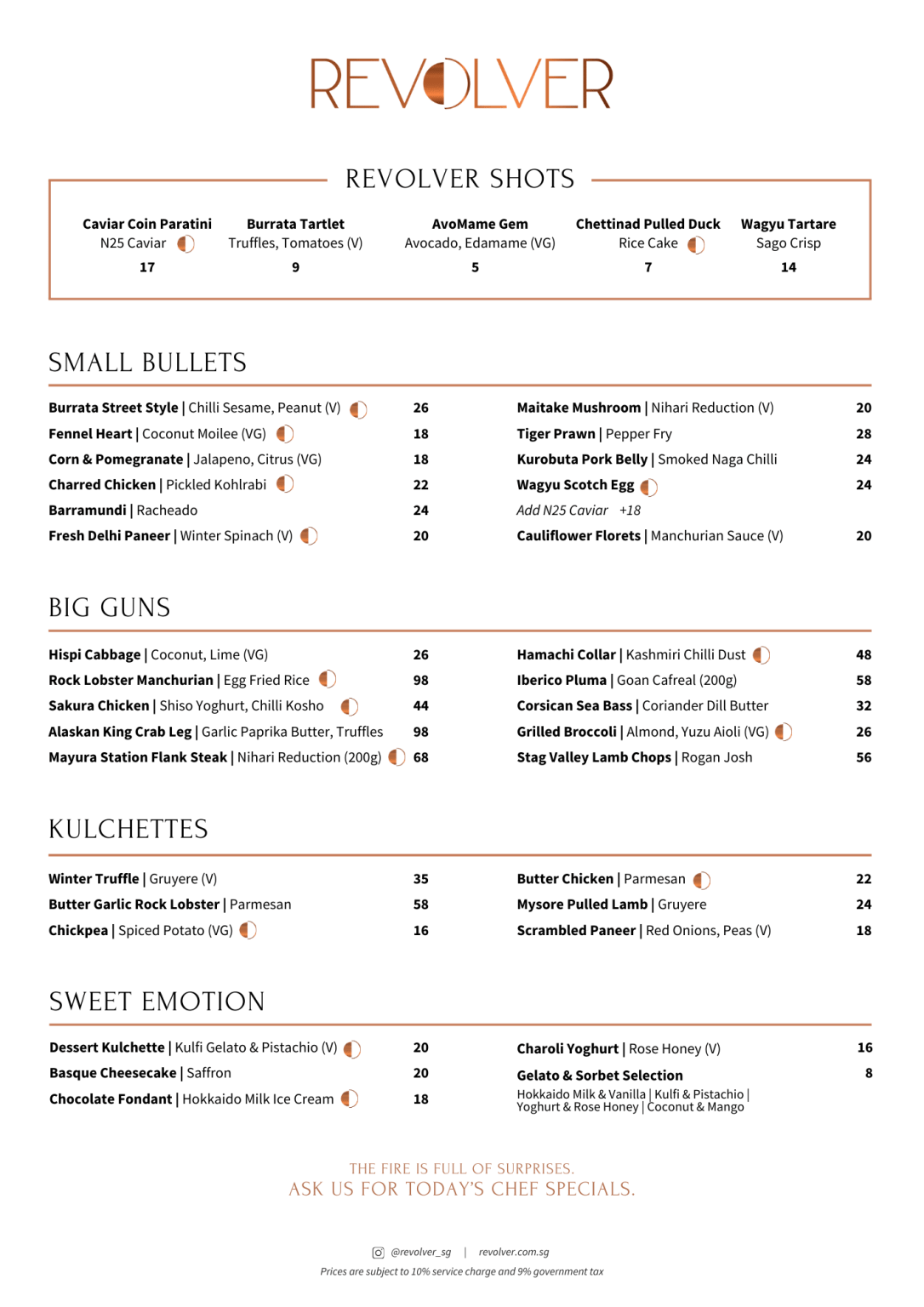 A La Carte Menu - Revolver Singapore