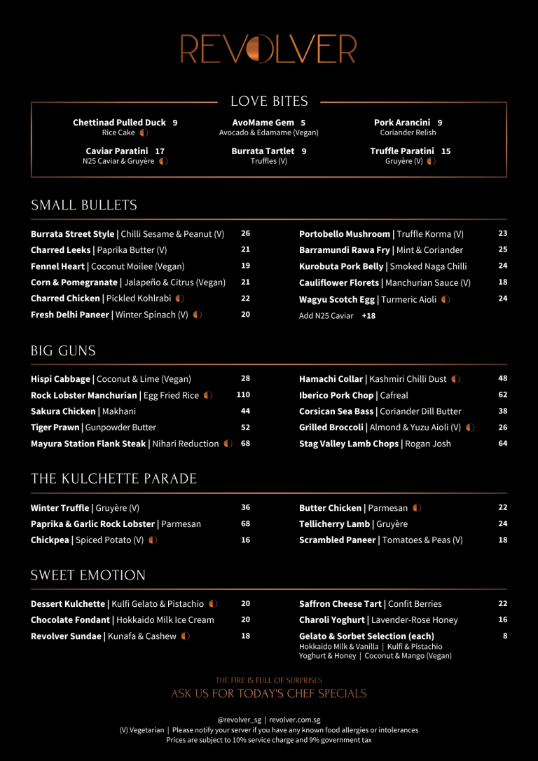 A La Carte Menu - Revolver Singapore